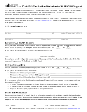 Fillable Online ubalt 20142015 Verification Worksheet SNAPChild Support Fax Email Print - pdfFiller