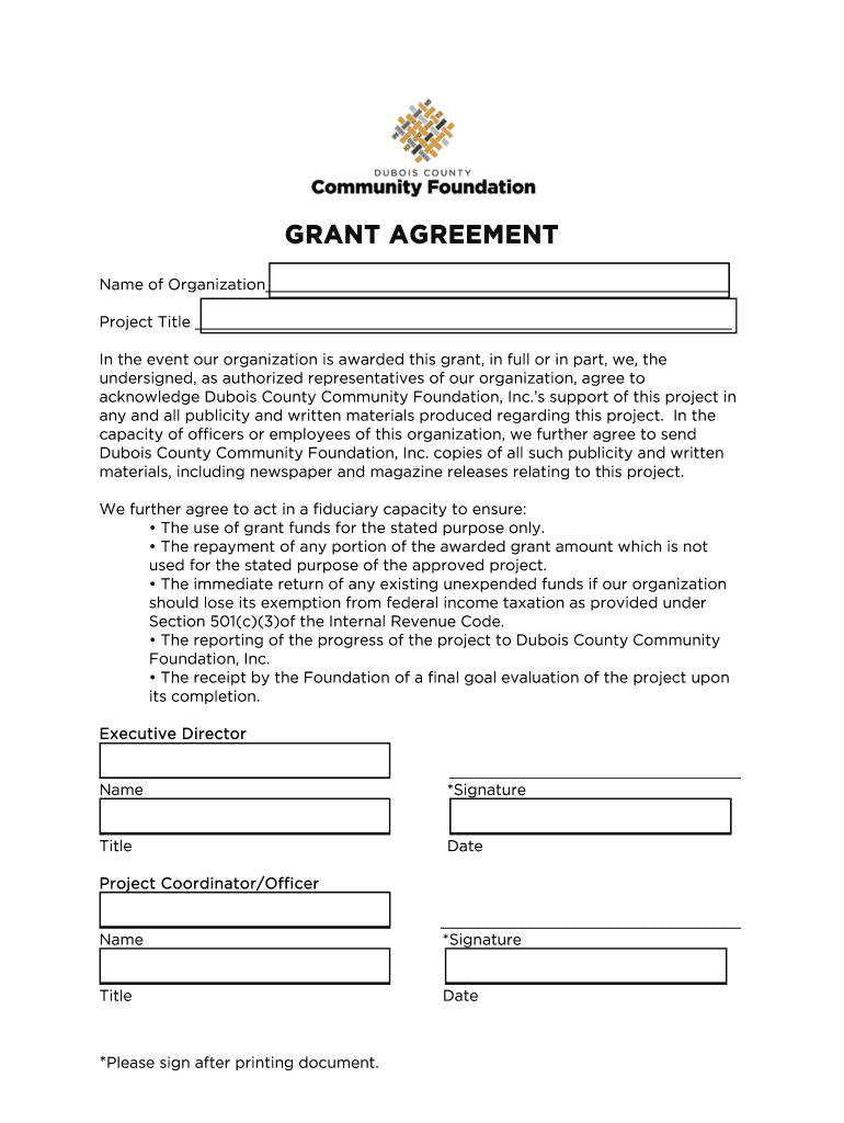 Fillable Online dccommunityfoundation GRANT AGREEMENT - Dubois County Community Foundation Fax ...