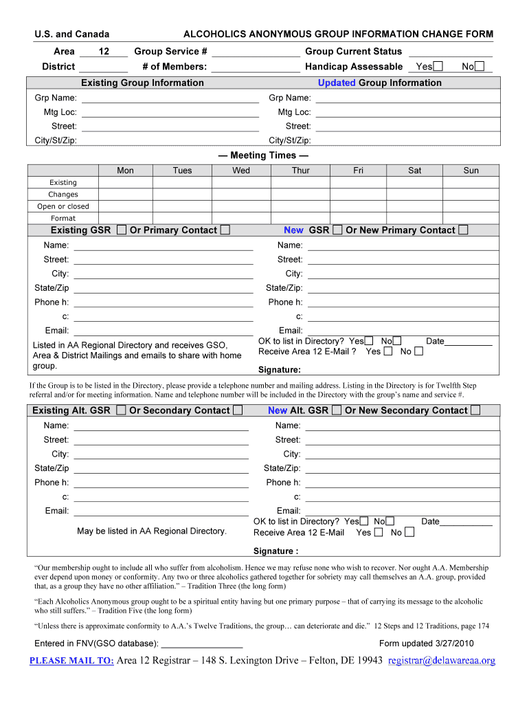 Fillable Online delawareaa Existing Group Information Updated Group ...