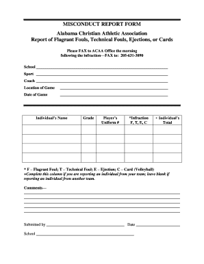 Fillable Online MISCONDUCT REPORT FORM Alabama Christian Athletic Fax ...