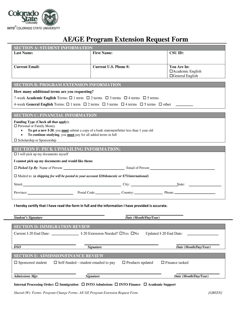 Fillable Online webcms colostate AEGE Program Extension Request Form Fax Email Print - pdfFiller