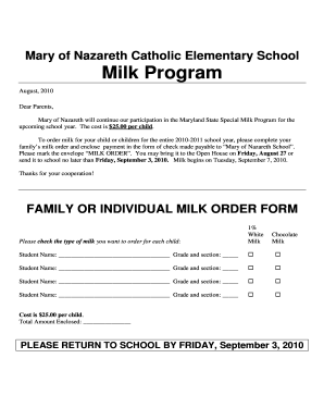Fillable Online maryofnazareth Milk Order Form 2010 - maryofnazareth ...