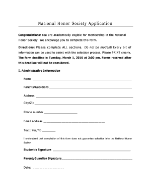 Fillable Online National Honor Society Application - cscslionsorg Fax Email Print - pdfFiller