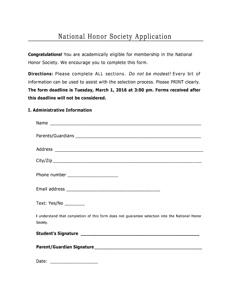 Fillable Online National Honor Society Application - cscslionsorg Fax Email Print - pdfFiller