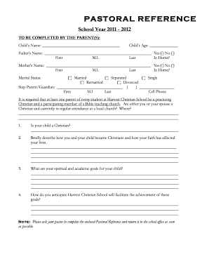 Fillable Online harvest HCS 2011-2012 Pastoral Reference Form Harvest ...