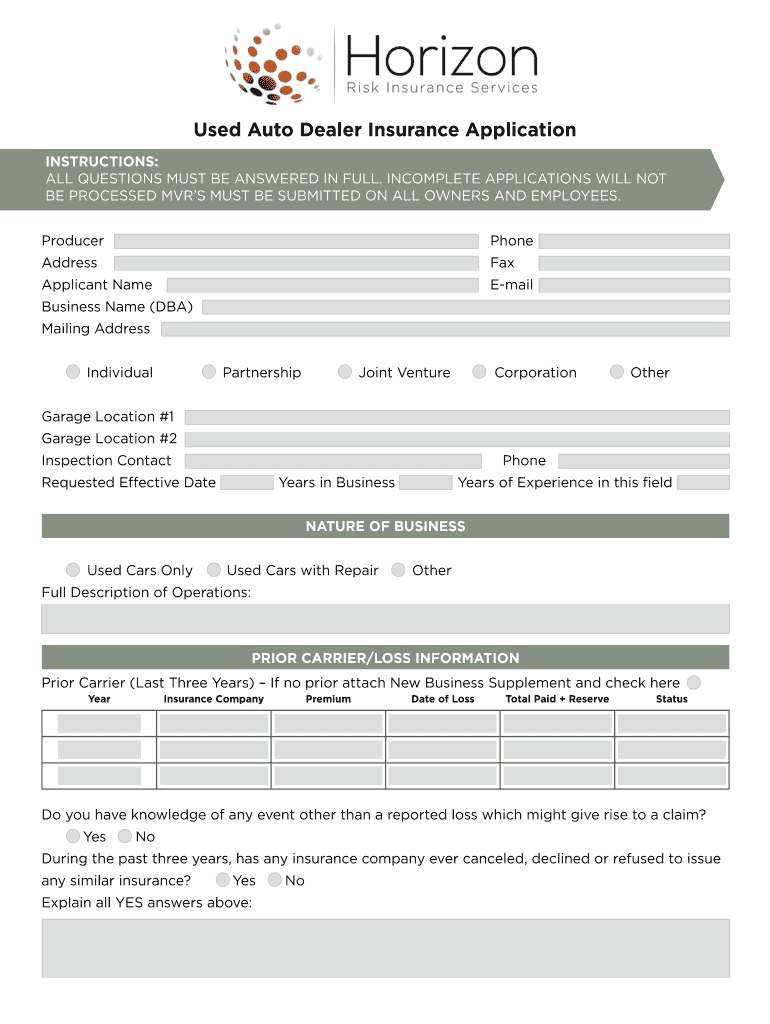 Fillable Online Auto Dealer Insurance Application Fillablepdf Fax Email ...