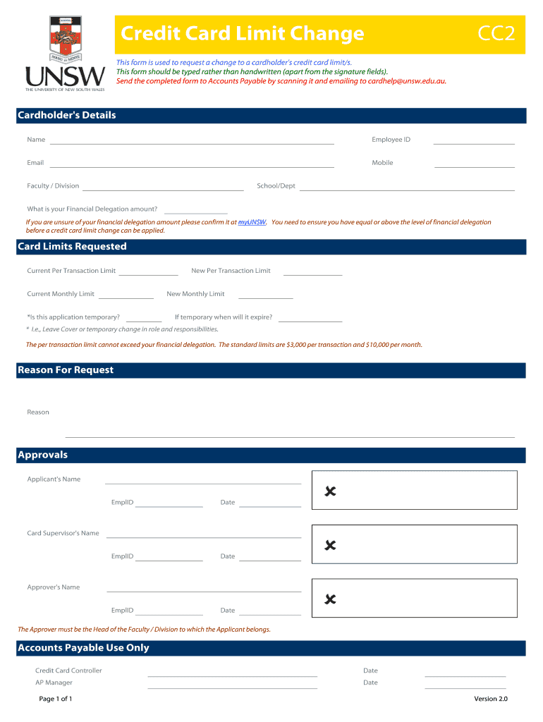 Fillable Online Credit Card Limit Change CC2 - finunsweduau Fax Email ...