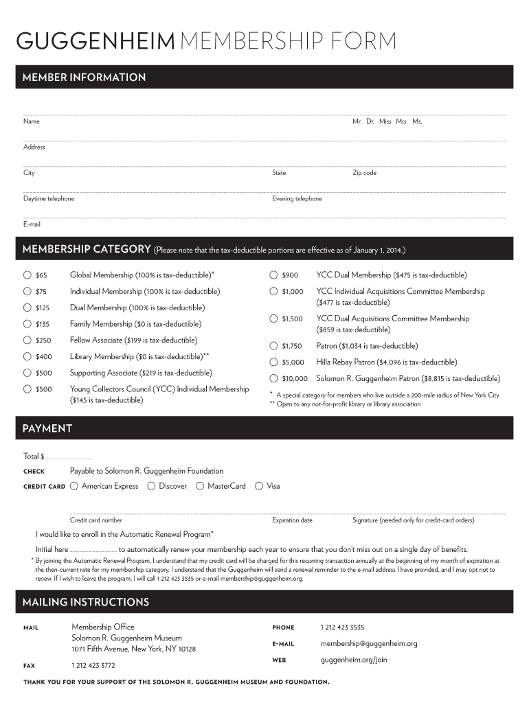 Fillable Online media guggenheim MEMBERSHIP FORM - Solomon R Guggenheim ...