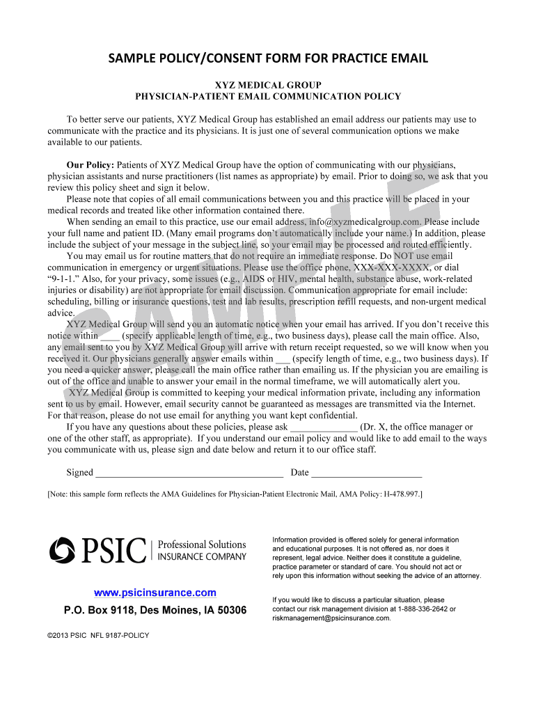 Fillable Online SAMPLE Practice E-Mail Policy - PSIC Insurance Company ...