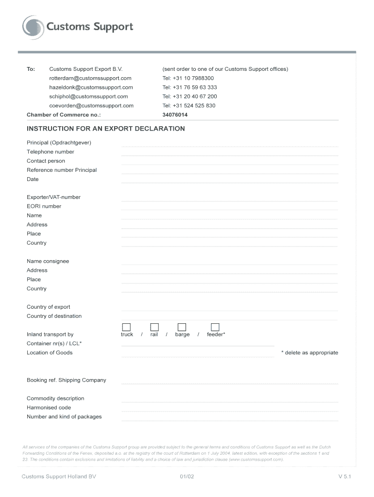 Fillable Online customssupport INSTRUCTION FOR AN EXPORT DECLARATION ...