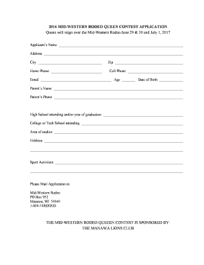 Fillable Online manawarodeo 2016 MID-WESTERN RODEO QUEEN CONTEST ...