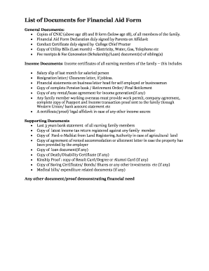 Fillable Online fccollege edu List of Documents for Financial Aid Form ...