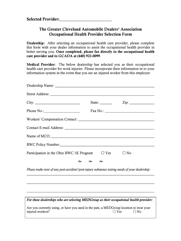 Fillable Online gcada OCC MED Provider Selection Form - GCADA - gcada ...