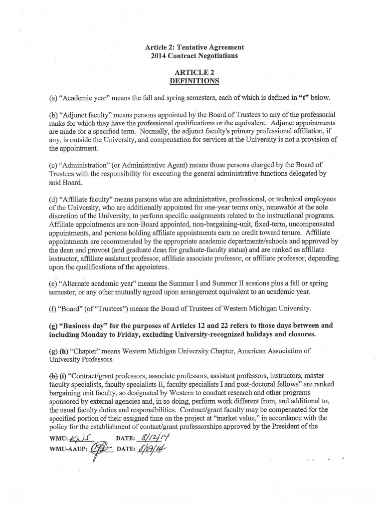 Fillable Online wmuaaup Article 2 Tentative Agreement ARTICLE ...