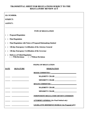 Fillable Online irrc state pa Btransmittalb sheet for regulations ...