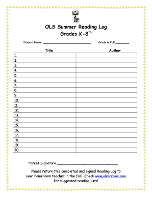 Fillable Online OLS Summer Reading Log Grades K-8 - olsorrowscom Fax ...