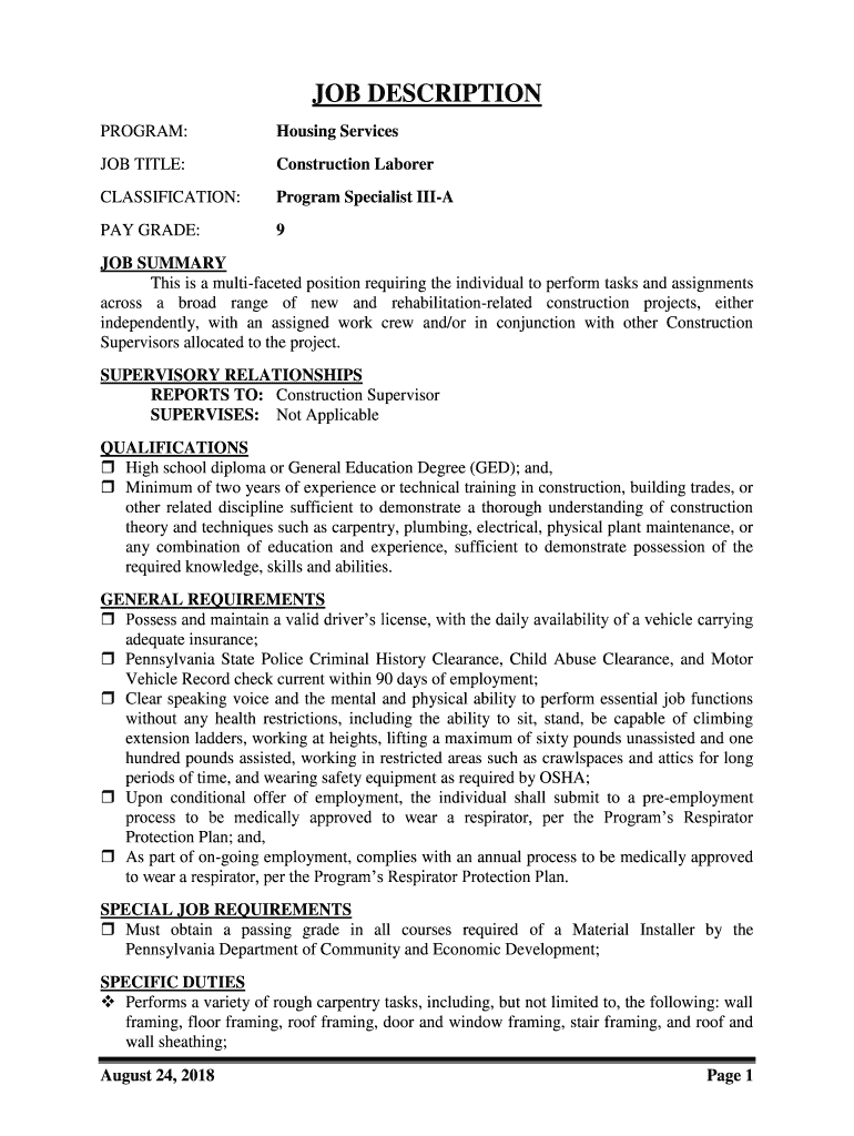 Fillable Online Position Classification Standard for Support Services ...