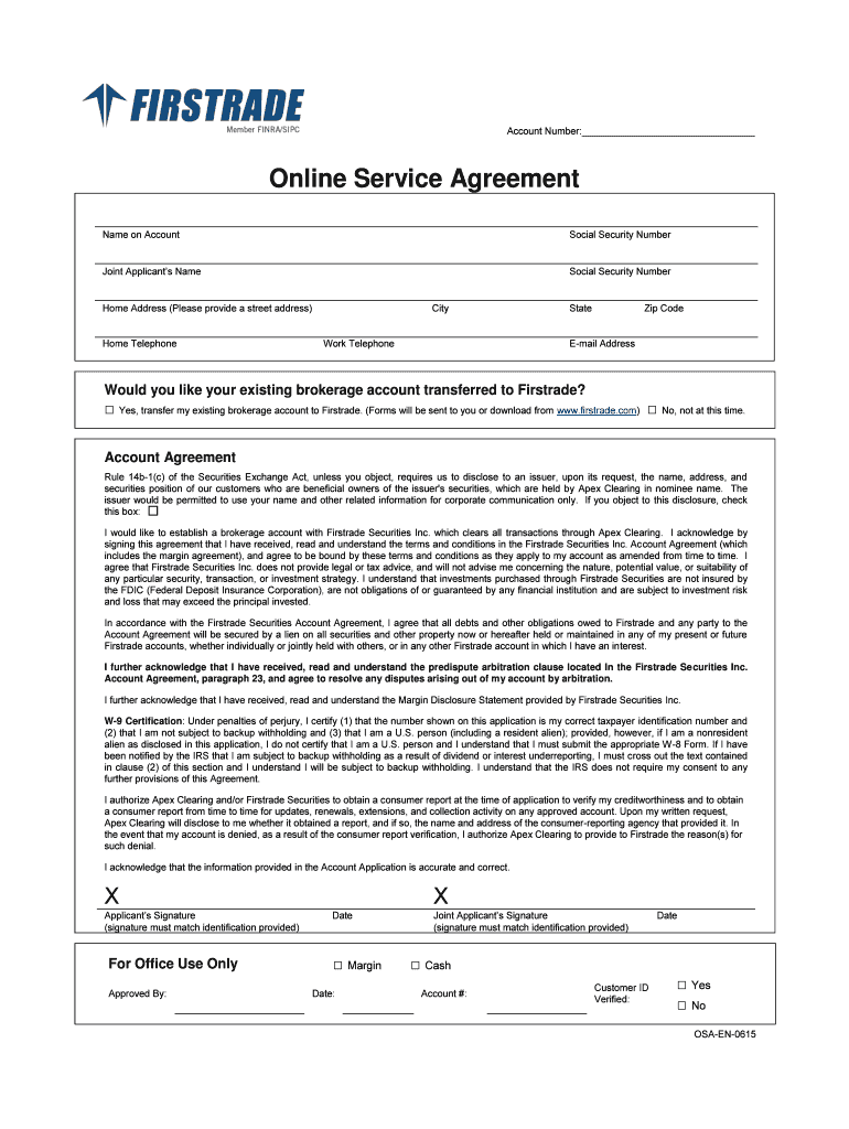 Fillable Online BOnlineb Service bAgreementb - Firstrade Fax Email ...