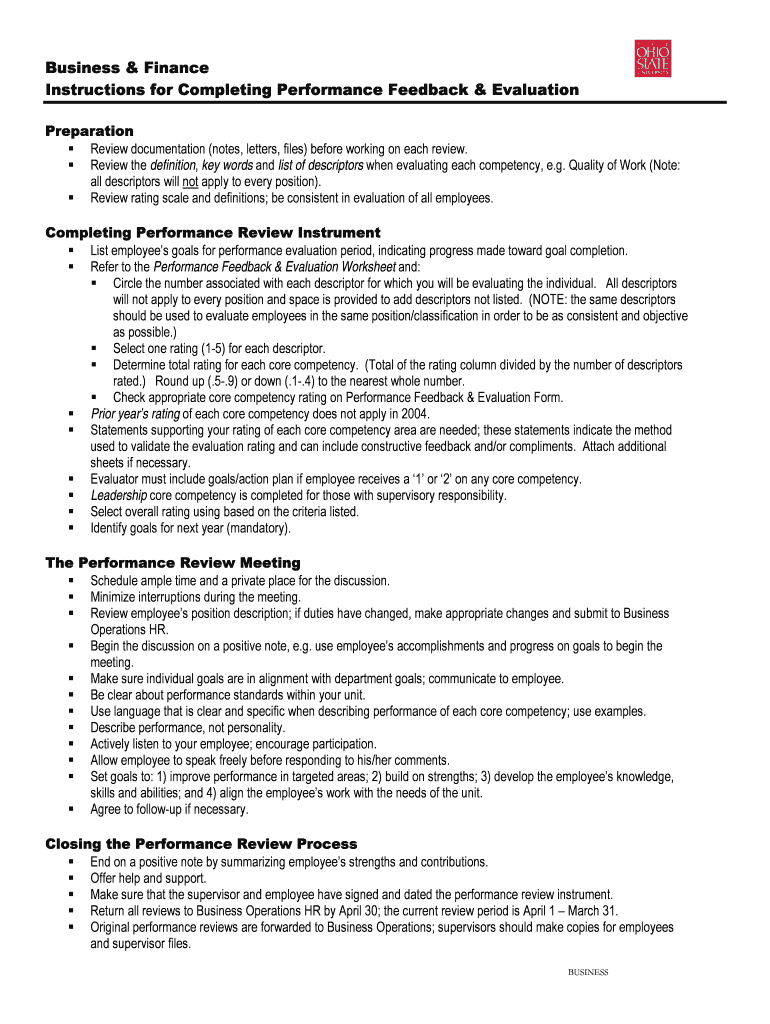Fillable Online busfin osu Business Operations - Performance Feedback ...