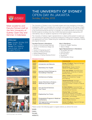 Fillable Online THE UNIVERSITY OF SYDNEY OPEN DAY IN JAKARTA Fax Email ...