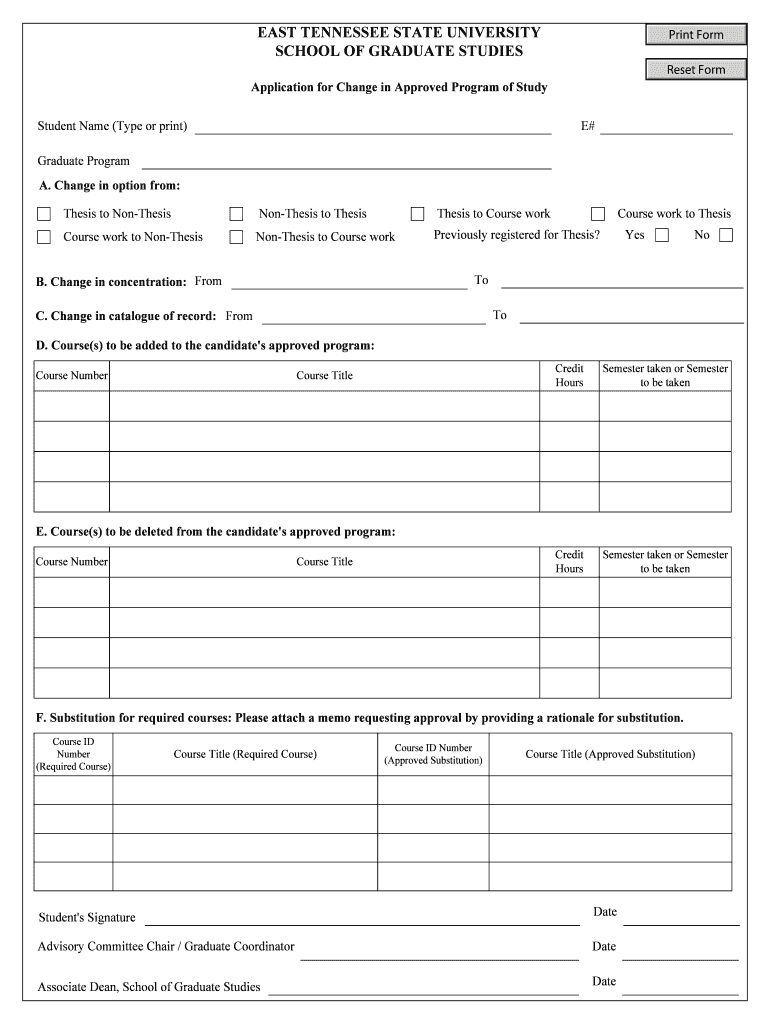 Fillable Online etsu Application for Change in Approved Program of Study Fax Email Print - pdfFiller