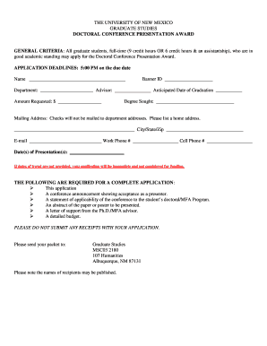Fillable Online DOCTORAL CONFERENCE PRESENTATION AWARD Fax Email Print - pdfFiller