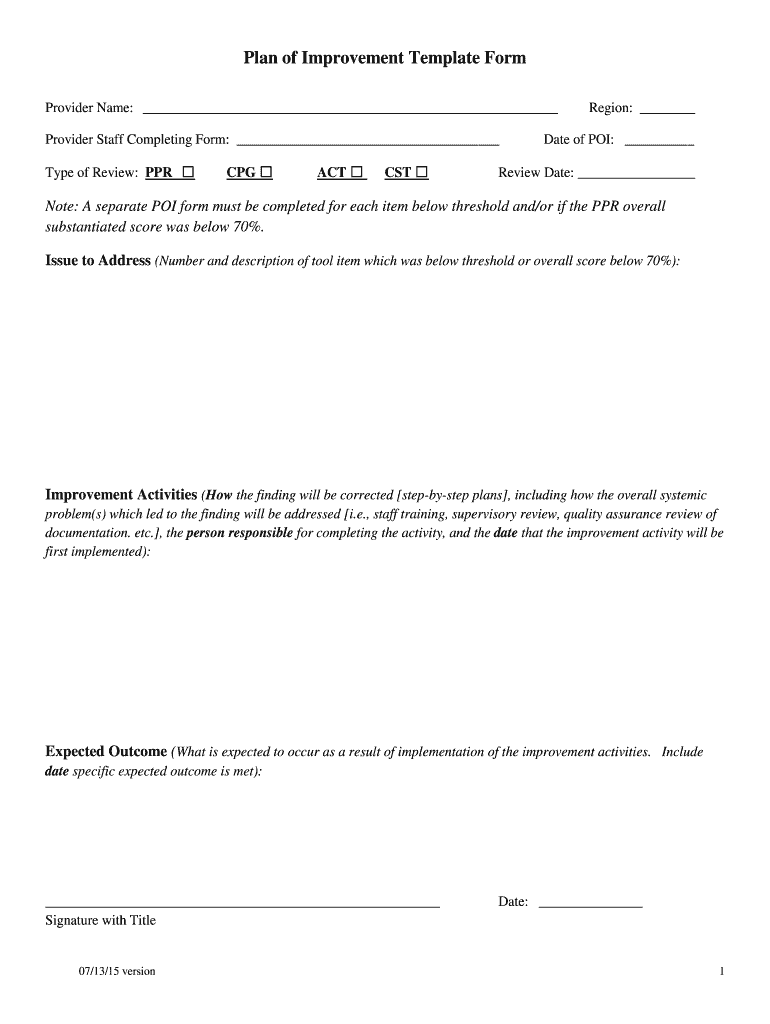Fillable Online Plan of Improvement Template Form - Illinois Mental ...
