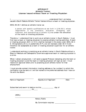 Fillable Online sdbmoe AFFIDAVIT Athletic Trainer License Issued without Team or - sdbmoe Fax ...