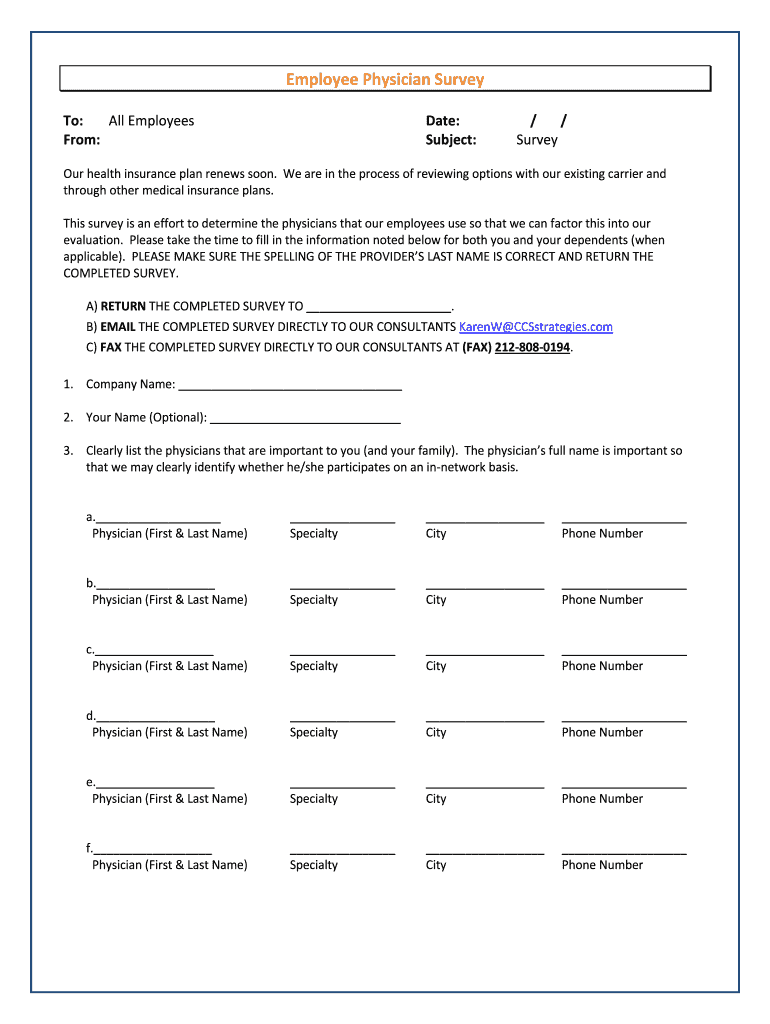Fillable Online Employee Physician Survey - CCS Benefits Fax Email ...