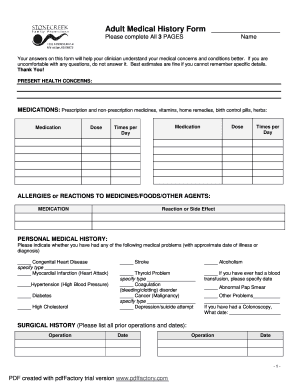 Fillable Online Adult Medical History Form - Stonecreek Family Physicians Fax Email Print ...