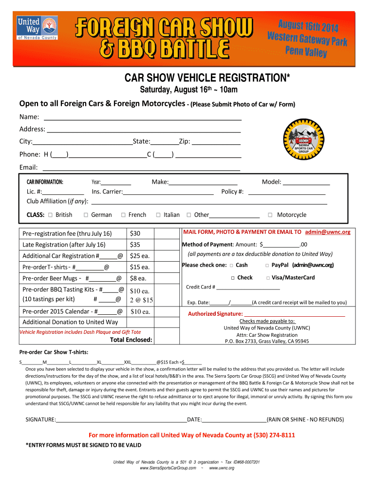 Fillable Online uwnc CAR SHOW VEHICLE REGISTRATION* Fax Email Print ...