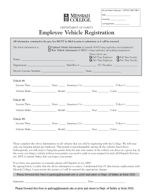 Fillable Online messiah D P N L A Employee Vehicle Registration Fax ...