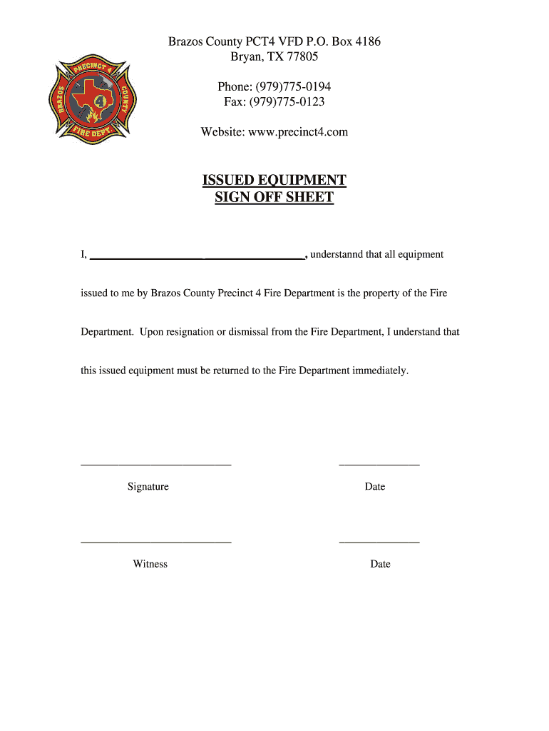 Fillable Online 2013 Issued Equipment Sign Off Sheet Fax Email Print ...