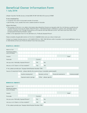 Fillable Online Beneficial Owner Information Form 1 July 2014 Lifeplan ...