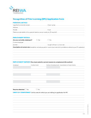 Fillable Online Recognition of Prior Learning RPL Application Form ...