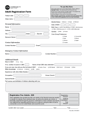 Fillable Online Adult Registration Form Todays date Class name Put the ...