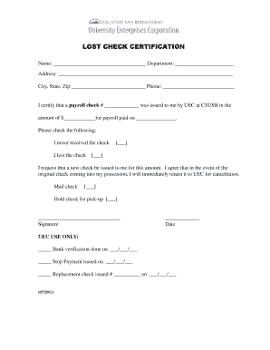 Fillable Online uec csusb Lost Check Cert FormUECdoc - uec csusb Fax ...