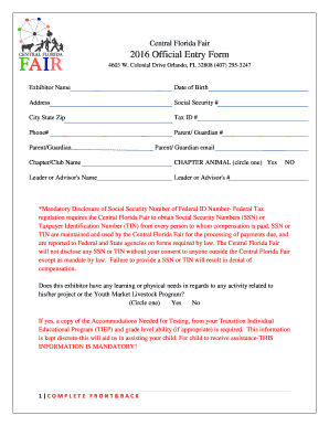 Fillable Online 2016 Official Entry Form - Central Florida Fair Fax Email Print - pdfFiller