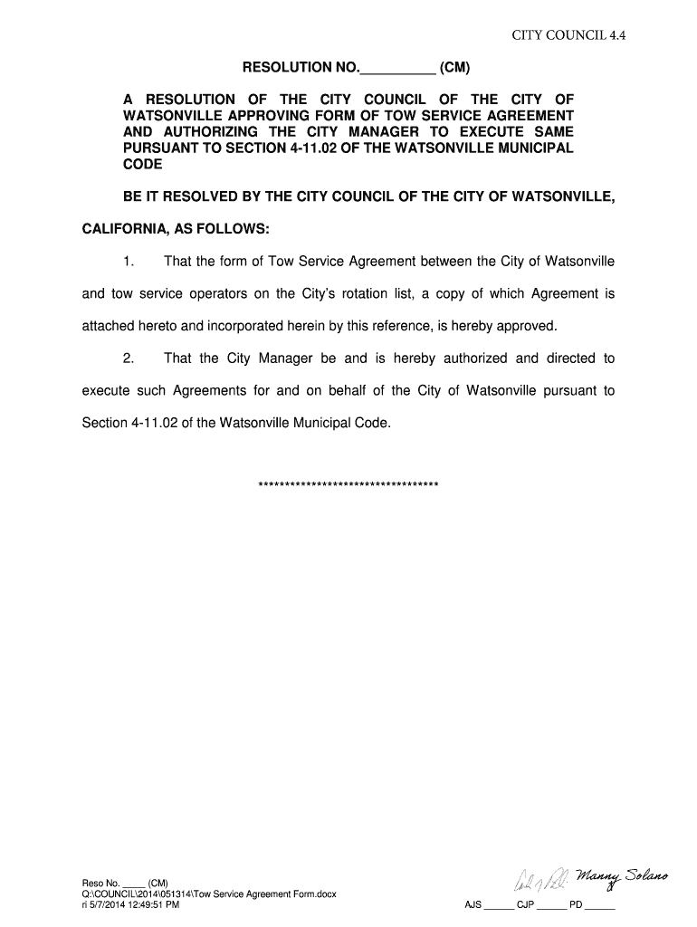 Fillable Online cityofwatsonville WATSONVILLE APPROVING FORM OF TOW SERVICE AGREEMENT Fax Email ...