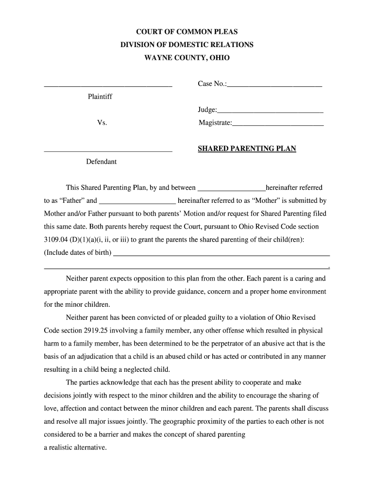 Fillable Online This Shared Parenting Plan, by and between Fax Email ...