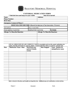 Fillable Online bmhsc UNIVERSAL MEDICATION FORM * Fold this form and ...