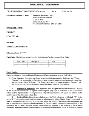Fillable Online THIS SUBCONTRACT AGREEMENT effective this day of in the year Fax Email Print ...