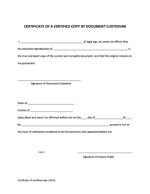 Fillable Online CERTIFICATE OF A CERTIFIED COPY BY DOCUMENT CUSTODIAN ...