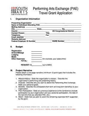 Fillable Online southarts Performing Arts Exchange PAE Travel Grant ...