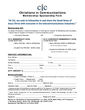 Fillable Online christiansincommunications CIC Membership Sponsorship ...