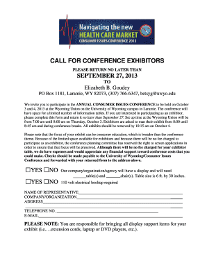 Fillable Online uwyo CALL FOR CONFERENCE EXHIBITORS PLEASE RETURN NO ...