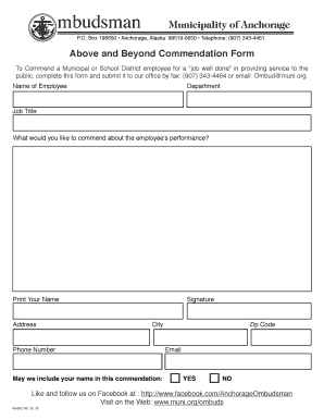 Fillable Online muni Above and Beyond Commendation Formpdf Fax Email ...