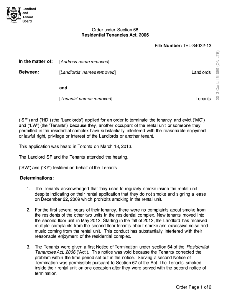 Fillable Online Order under Section 68 Residential Tenancies Act, 2006 ...