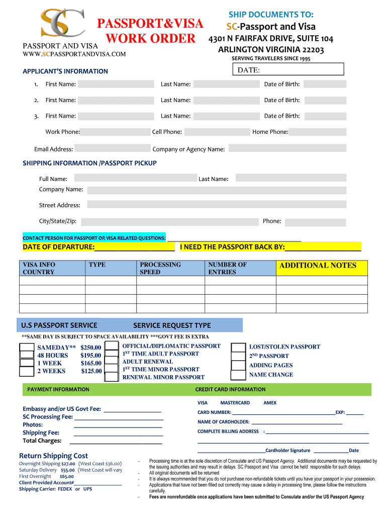 Fillable Online PASSPORTVISA WORK ORDER - SC Passport and Visa Fax ...