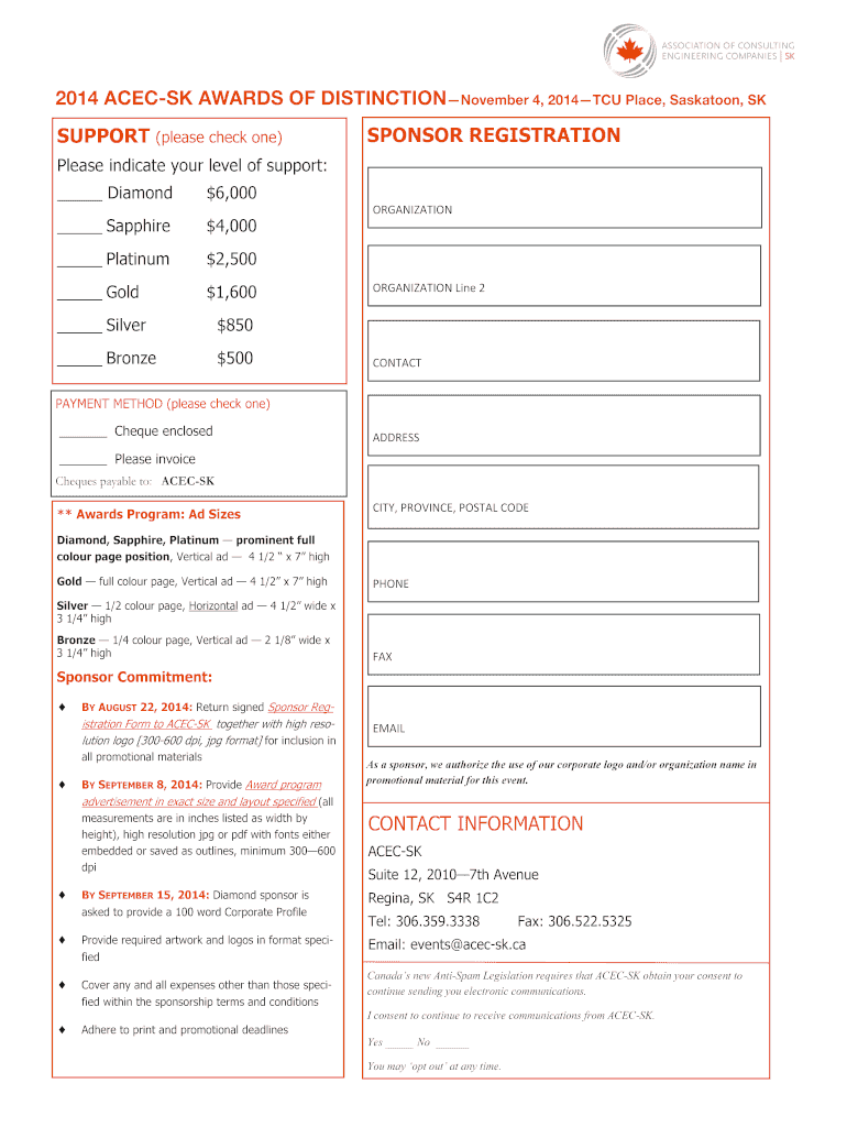 Fillable Online acec-sk 2014 AWARDS OF DISTINCTION - ACEC-SK Fax Email Print - pdfFiller